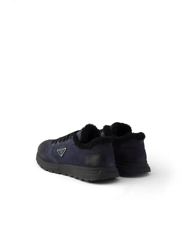 Prada Aged Suede Lace-up Sneakers With Shearling Lining
