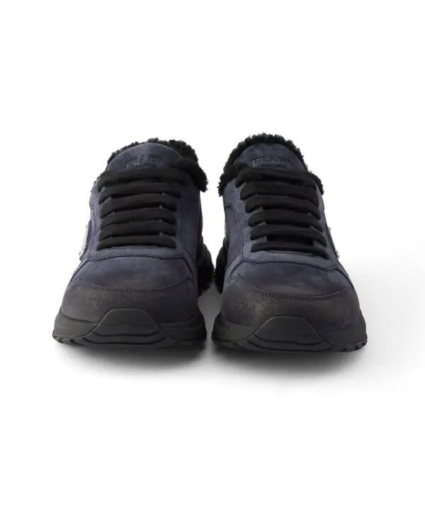 Prada Aged Suede Lace-up Sneakers With Shearling Lining