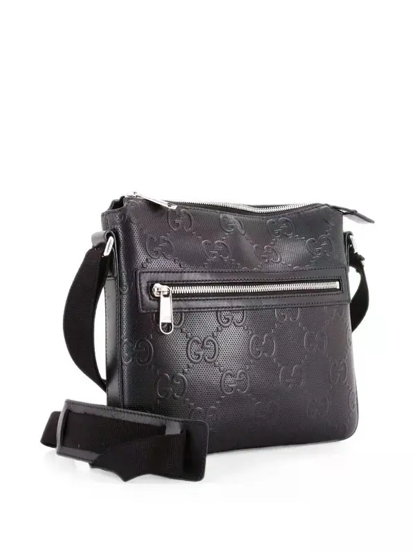 Gucci Front Zip Messenger Gg Embossed Perforated Leather Small Crossbody Bag