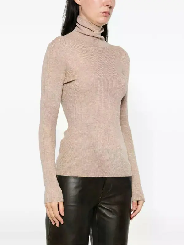 Maje Ribbed Knit Roll Neck Sweater With Gold-tone Logo Plaque - Neutrals