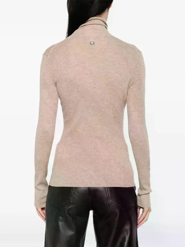 Maje Ribbed Knit Roll Neck Sweater With Gold-tone Logo Plaque - Neutrals