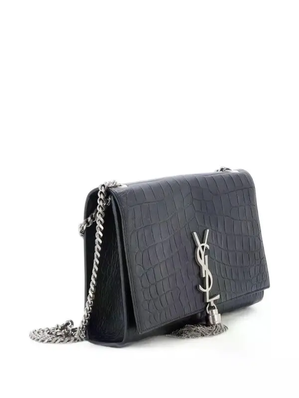 Saint Laurent Classic Monogram Tassel Crocodile Embossed Leather Medium Crossbody Bag - Black