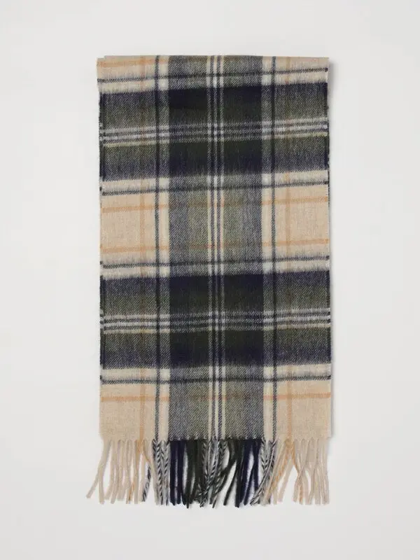 Barbour Tartan Pattern Scarf In Wool And Cashmere Blend With Fringed Edges - Sand