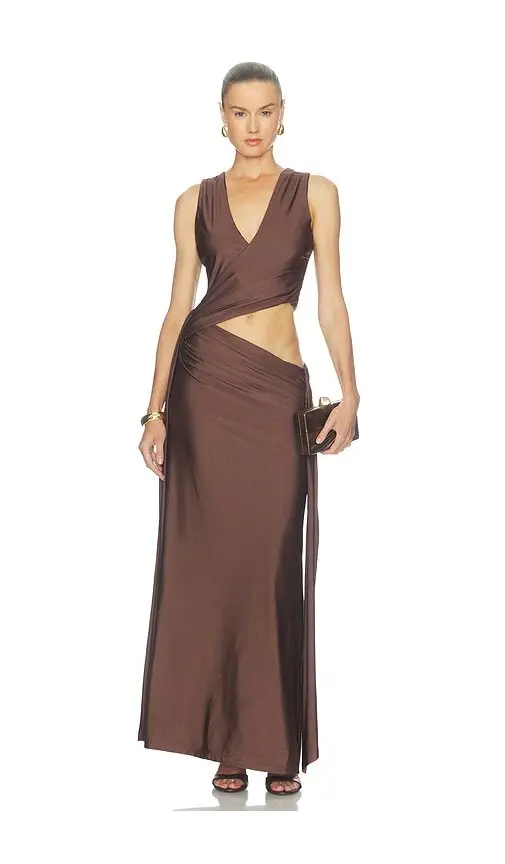 RUNAWAY THE LABEL Mazini Deep Plunge Maxi Dress In . Also - Chocolate