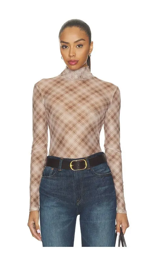 ELODIE THE LABEL Bourbon Turtleneck Mesh Top In . Also