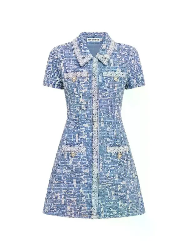 SELF-PORTRAIT Textured Pearl-embellished Mini Dress - Blue