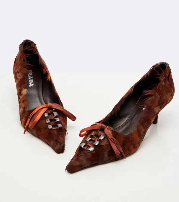 Prada Feather-trimmed Satin Pumps