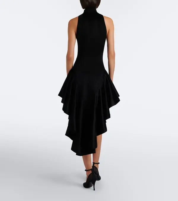 Alaïa Asymmetric Ruffled Velvet Midi Dress