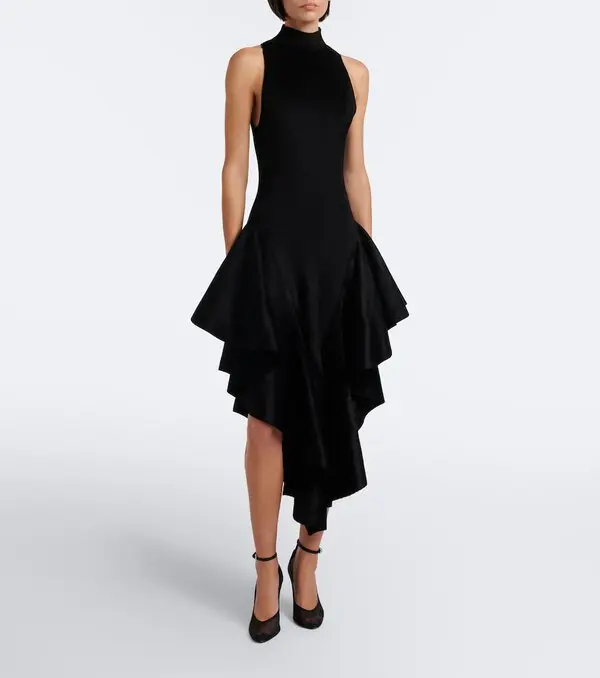 Alaïa Asymmetric Ruffled Velvet Midi Dress
