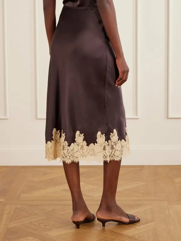 DÔEN Lace-trimmed Silk-satin Midi Skirt
