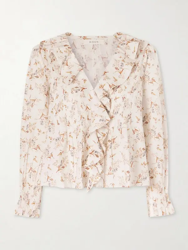 DÔEN Hardy Floral-print Shirred Silk Shirt