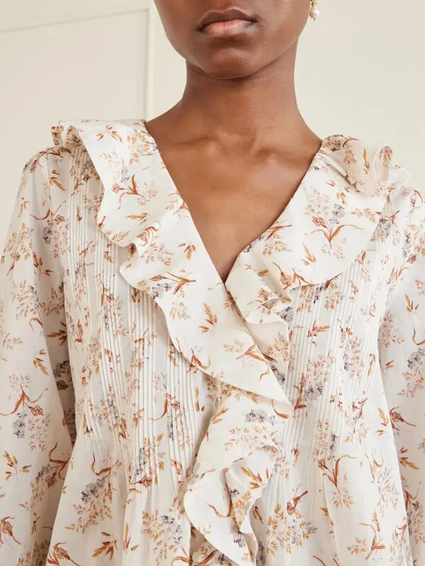 DÔEN Hardy Floral-print Shirred Silk Shirt