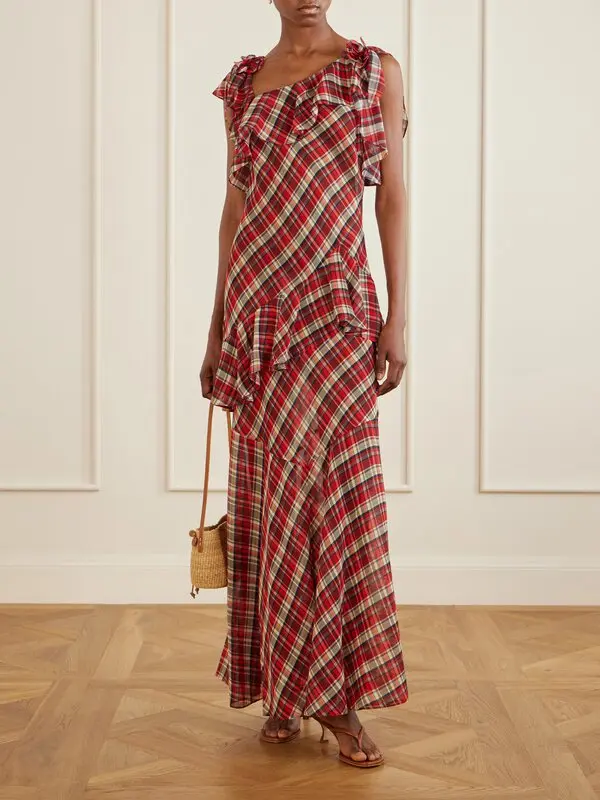 DÔEN Fernanda Ruffle Tiered Checked Silk-satin Maxi Dress