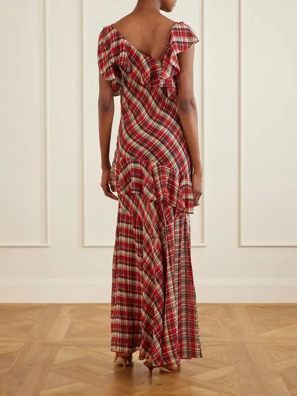 DÔEN Fernanda Ruffle Tiered Checked Silk-satin Maxi Dress