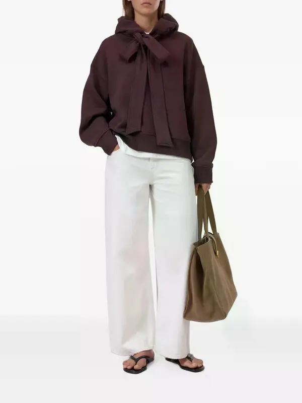 Closed Pussy-bow Dropped-shoulder Hoodie - Brown