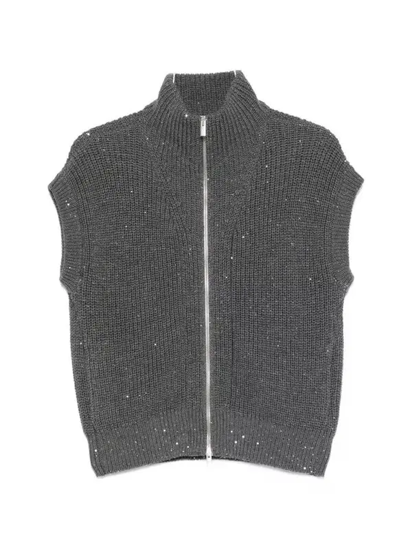Peserico Sequin-embellished Ribbed Sleeveless Cardigan - Grey