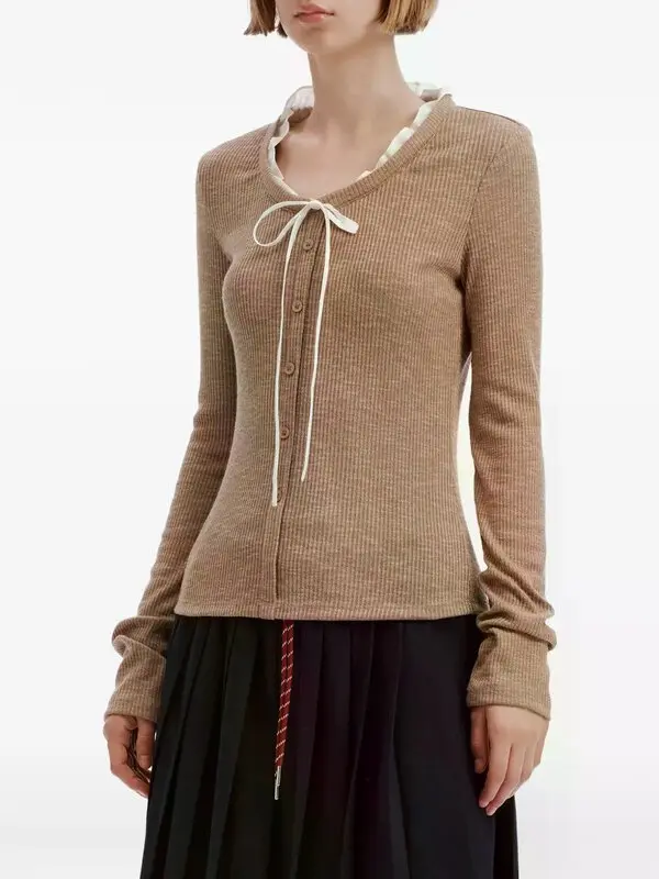 TOUT A COUP Ruffle-trim Ribbed-knit Cardigan