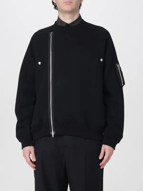 Sacai Cotton Blend Crewneck Sweatshirt With Side Zips - Black