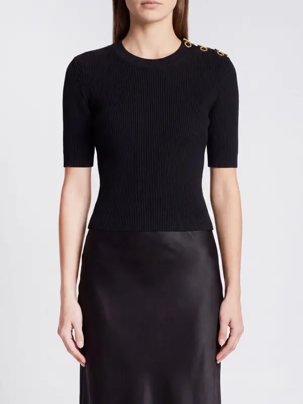 Elisabetta Franchi Cropped Ribbed Viscose Top With Metal Eyelets - Black