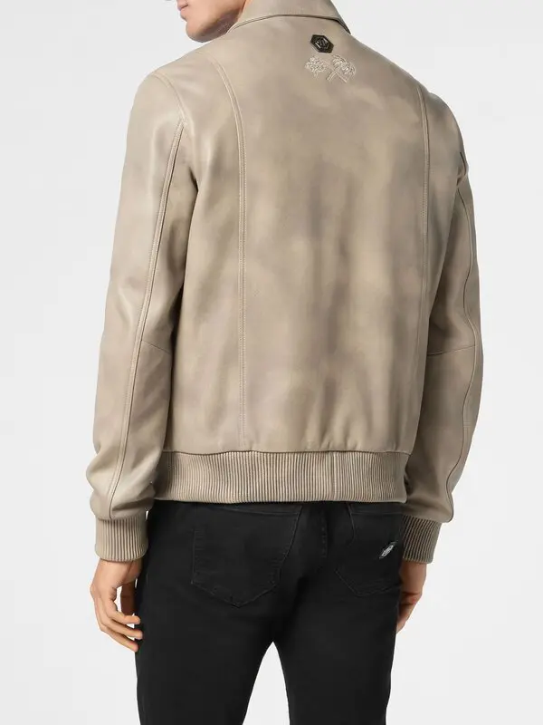 Philipp Plein Leather Bomber Jacket With Classic Collar And Patch Pockets - Beige