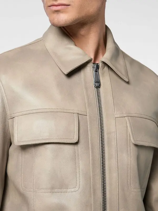 Philipp Plein Leather Bomber Jacket With Classic Collar And Patch Pockets - Beige