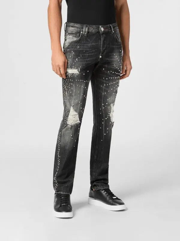 Philipp Plein Skinny Fit Distressed Stretch Denim Jeans With Studs - Grey