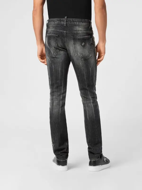 Philipp Plein Skinny Fit Distressed Stretch Denim Jeans With Studs - Grey