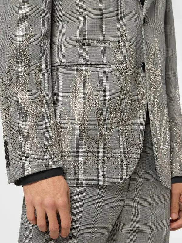Philipp Plein Prince Of Wales Wool Blazer With Applied Crystals