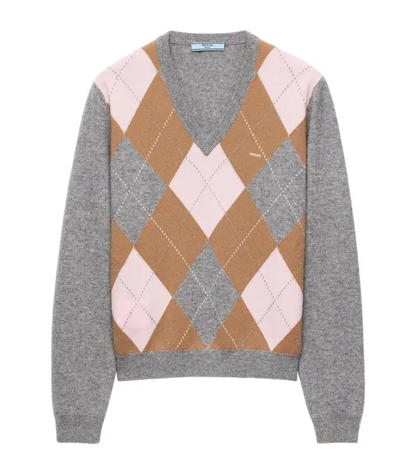 Prada Cashmere Argyle V-neck Sweater