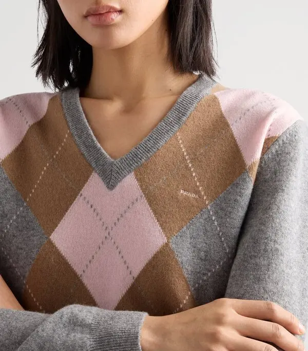 Prada Cashmere Argyle V-neck Sweater