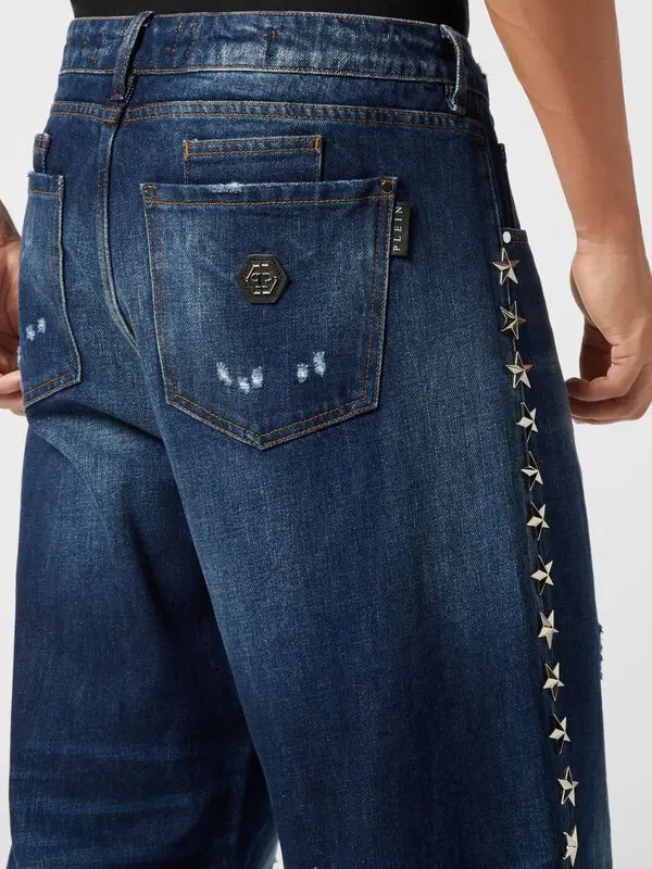 Philipp Plein Wide Leg Jeans In Stretch With Distressed Effect And Studs