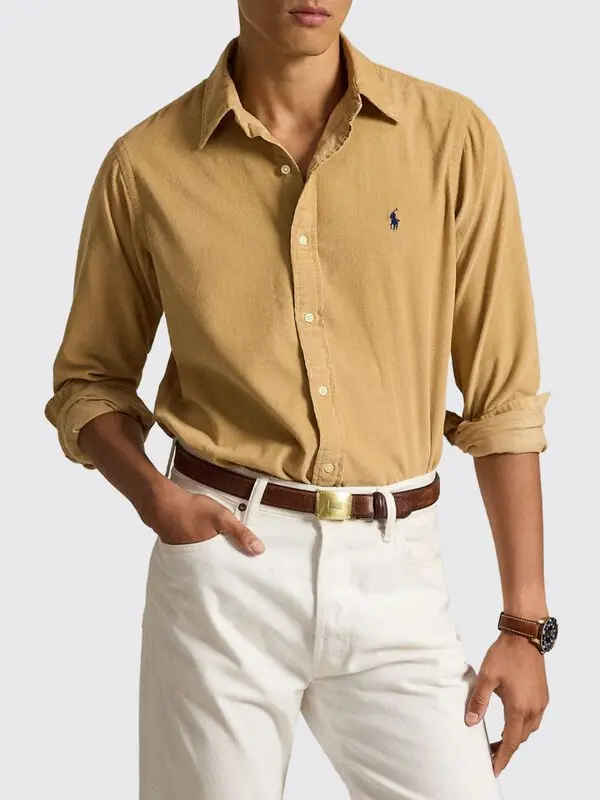 Polo Ralph Lauren Corduroy Shirt With Button-down Collar And Logo - Camel