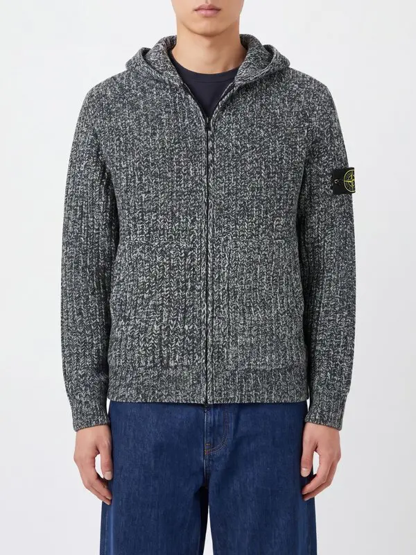 Stone Island Hooded Ribbed Cotton Cardigan With Zip And Logo Patch - Green