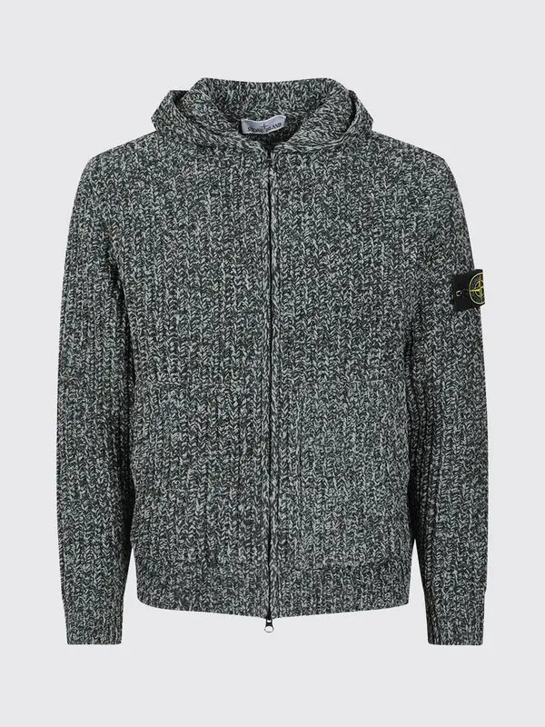 Stone Island Hooded Ribbed Cotton Cardigan With Zip And Logo Patch - Green