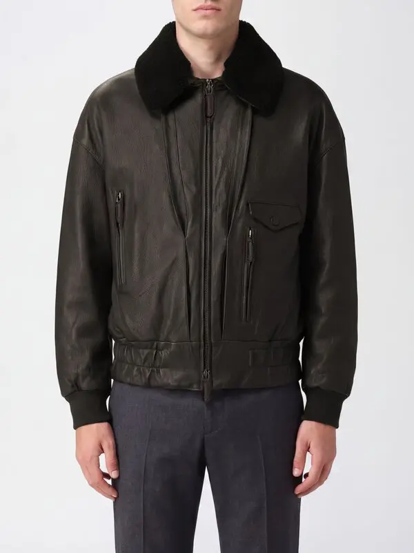 Giorgio Armani Lambskin Leather Bomber Jacket With Fur Collar And Elasticated Hem