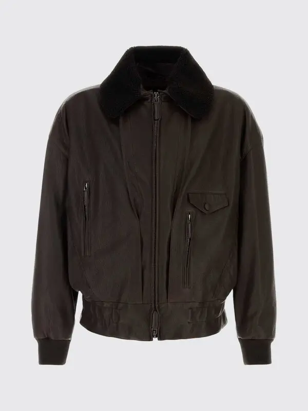 Giorgio Armani Lambskin Leather Bomber Jacket With Fur Collar And Elasticated Hem