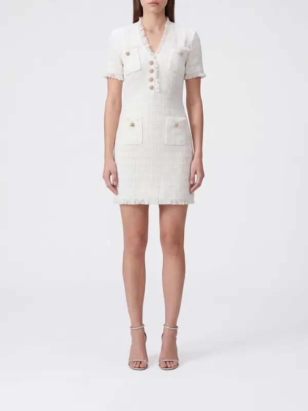 SELF-PORTRAIT Tweed V-neck Sheath Mini Dress With Fringed Hem - White