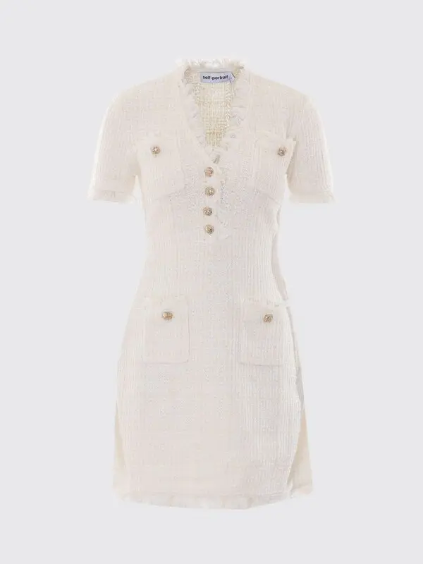 SELF-PORTRAIT Tweed V-neck Sheath Mini Dress With Fringed Hem - White