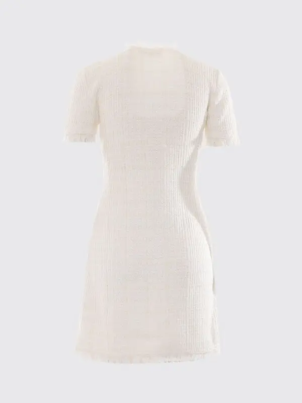 SELF-PORTRAIT Tweed V-neck Sheath Mini Dress With Fringed Hem - White