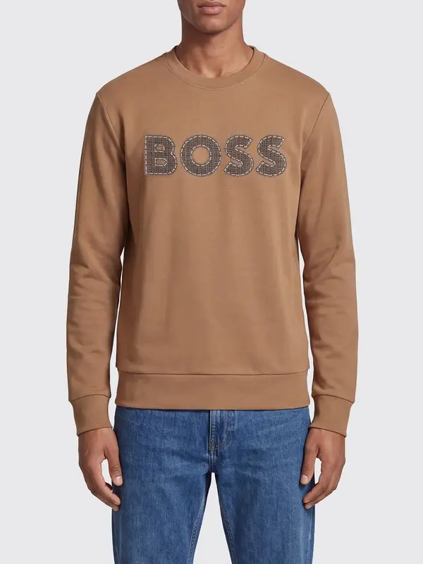 BOSS Printed Logo Cotton Crewneck Sweatshirt With Ribbed Trims - Brown