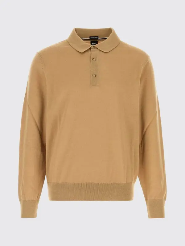 BOSS Long-sleeved Knit Polo Shirt In Pure Virgin Wool - Beige