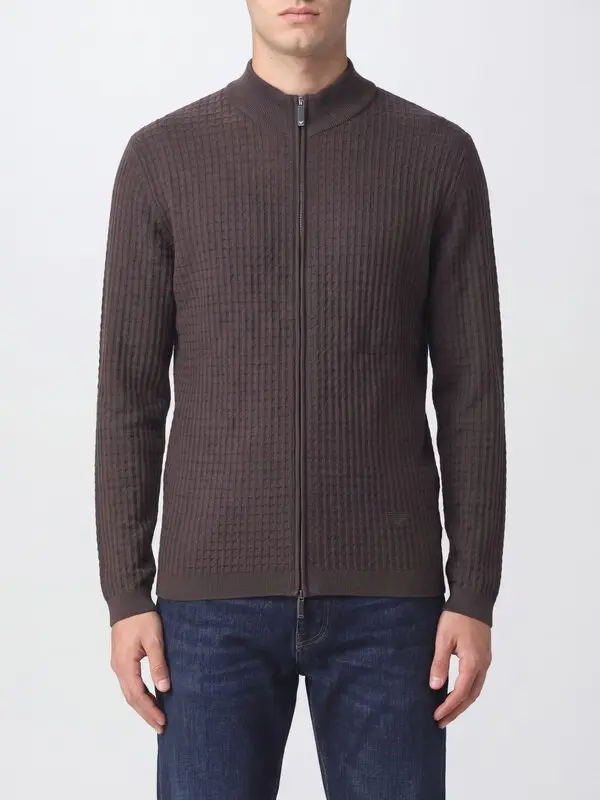 Emporio Armani Virgin Wool Zip-up Cardigan With Embroidered Eagle Logo - Brown