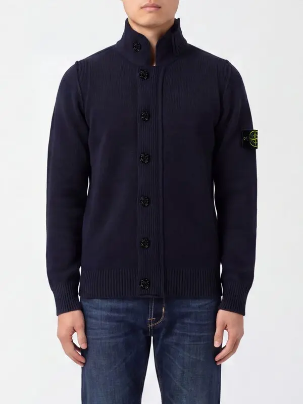 Stone Island Virgin Wool Blend High Neck Cardigan With Logo Patch - Blue