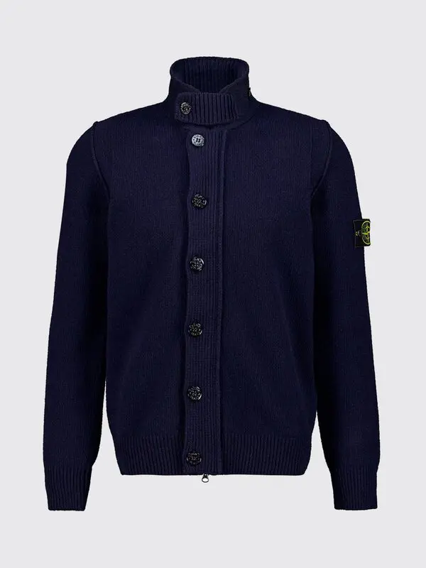 Stone Island Virgin Wool Blend High Neck Cardigan With Logo Patch - Blue