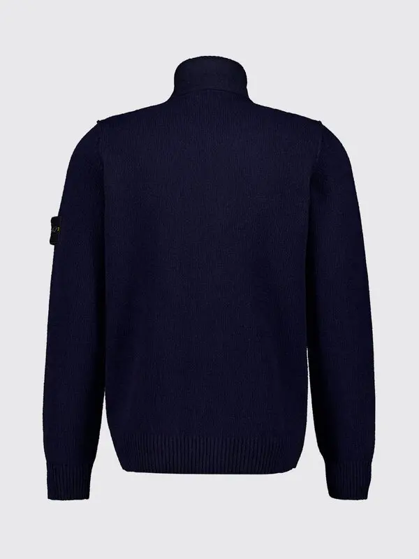 Stone Island Virgin Wool Blend High Neck Cardigan With Logo Patch - Blue