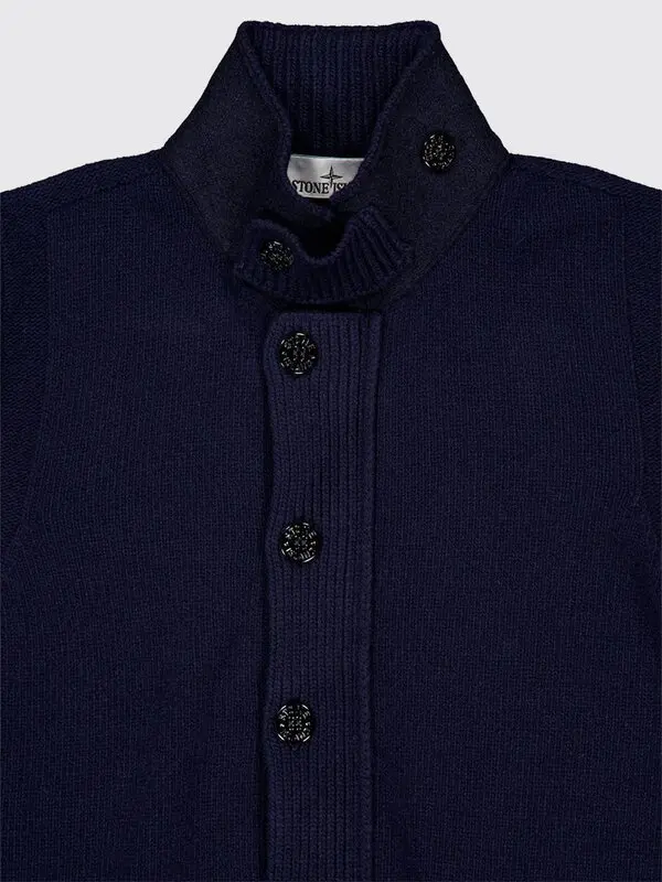 Stone Island Virgin Wool Blend High Neck Cardigan With Logo Patch - Blue