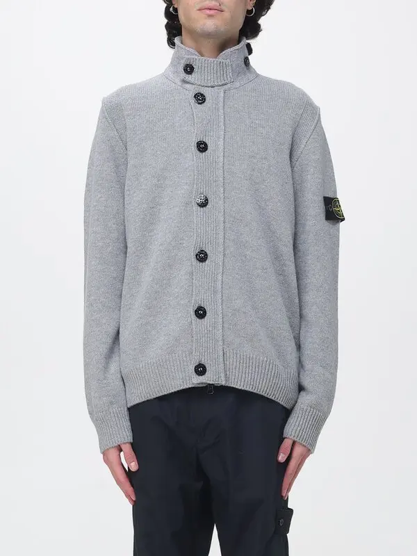 Stone Island Virgin Wool Blend High Neck Cardigan With Logo Patch - Grey