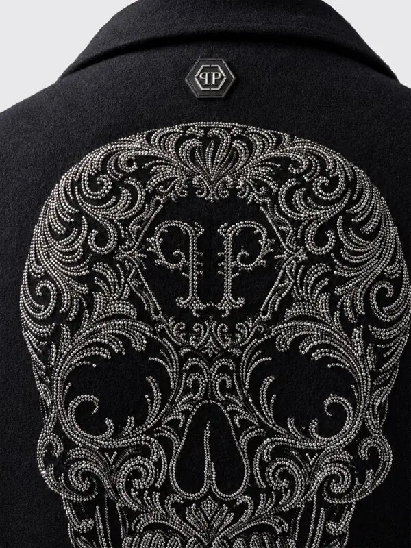 Philipp Plein Single-breasted Wool Coat With Skull Embroidery And Crystals