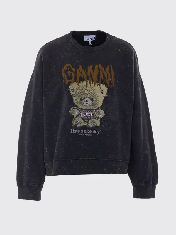 GANNI Teddy Bear Print Organic Cotton Crewneck Sweatshirt With Logo