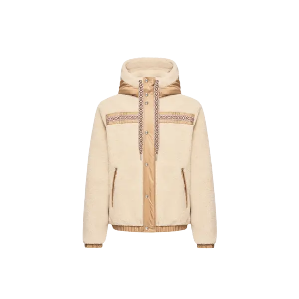 Moncler Geometric Trim Teddy Zip-up Hoodie - Beige